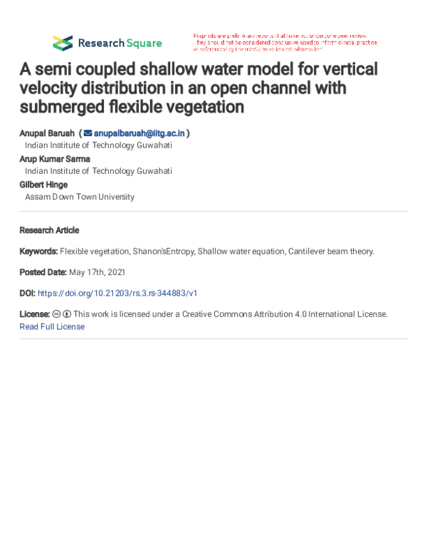(PDF) A semi coupled shallow water model for vertical velocity distribution in an open channel ...