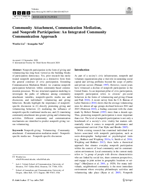 (PDF) Community Attachment, Communication Mediation, and Nonprofit ...
