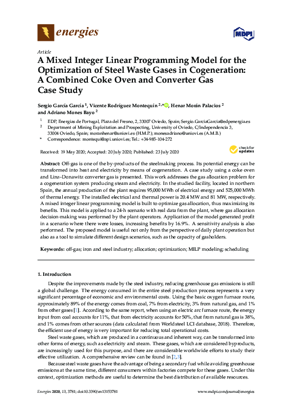 (PDF) A Mixed Integer Linear Programming Model for the Optimization of Steel Waste Gases in ...