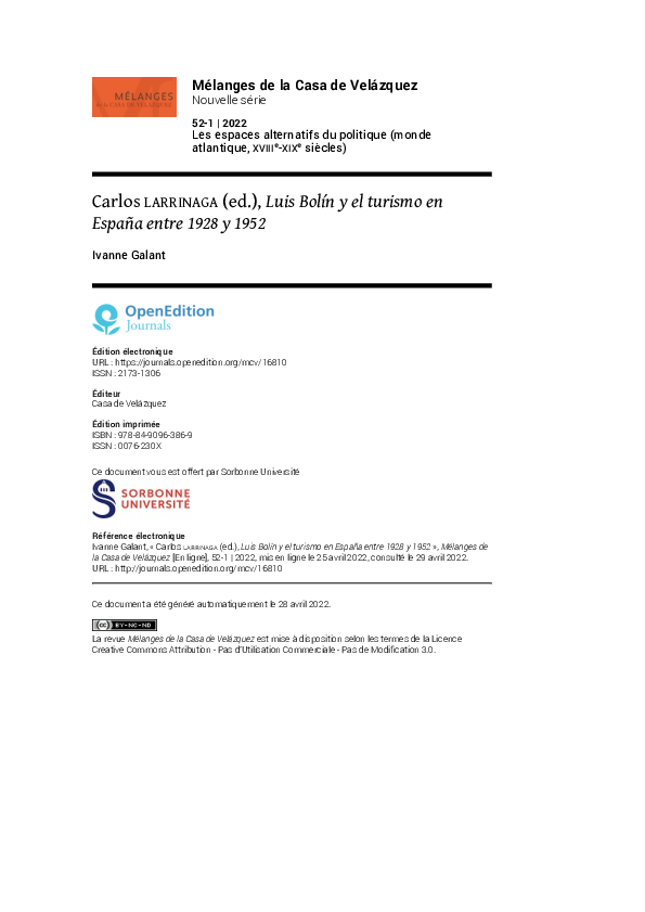 (PDF) Ivanne Galant, « Carlos LARRINAGA (ed.), Luis Bolín y el turismo ...