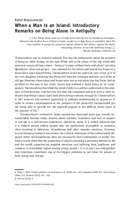 (PDF) When a Man is an Island: Introductory Remarks on Being Alone in ...