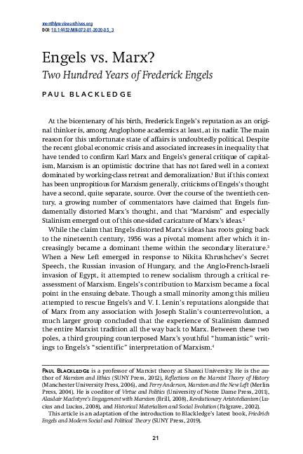(PDF) Engels vs. Marx?: Two Hundred Years of Frederick Engels