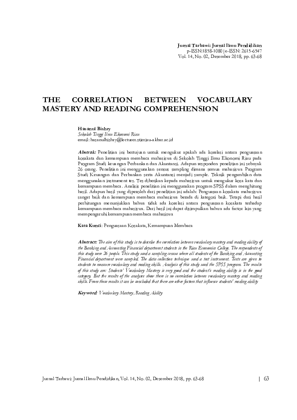 (PDF) The Correlation Between Vocabulary Mastery and Reading Comprehension