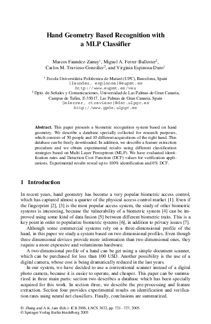 (PDF) Hand Geometry Based Recognition with a MLP Classifier