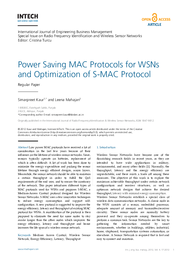 Pdf Power Saving Mac Protocols For Wsns And Optimization Of S Mac