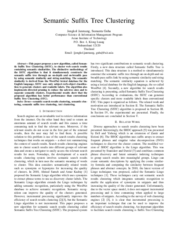 Pdf Semantic Suffix Tree Clustering Jongkol Janruang