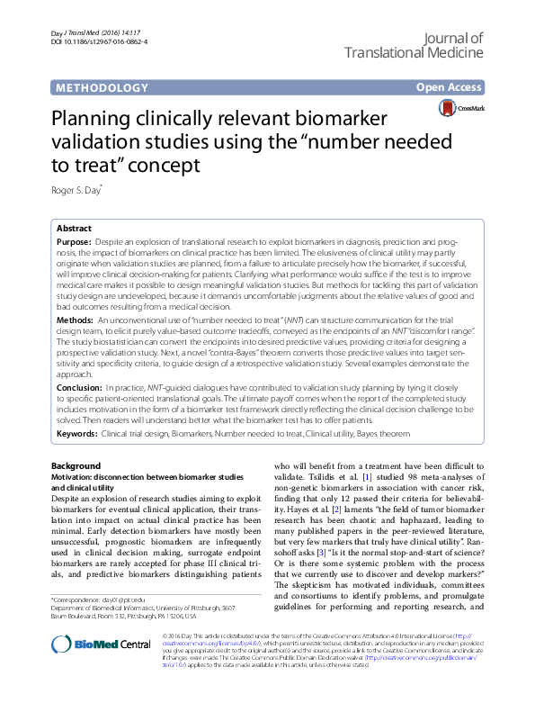 (PDF) Planning clinically relevant biomarker validation studies using the "number needed to ...