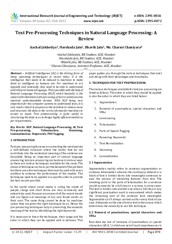 (PDF) Text Pre-Processing Techniques in Natural Language Processing: A ...