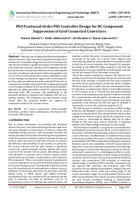 Pdf Pso Fractional Order Pid Controller Design For Dc Component Suppression Of Grid Connected