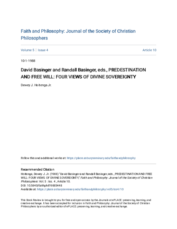 (PDF) David Basinger and Randall Basinger, eds., PREDESTINATION AND ...