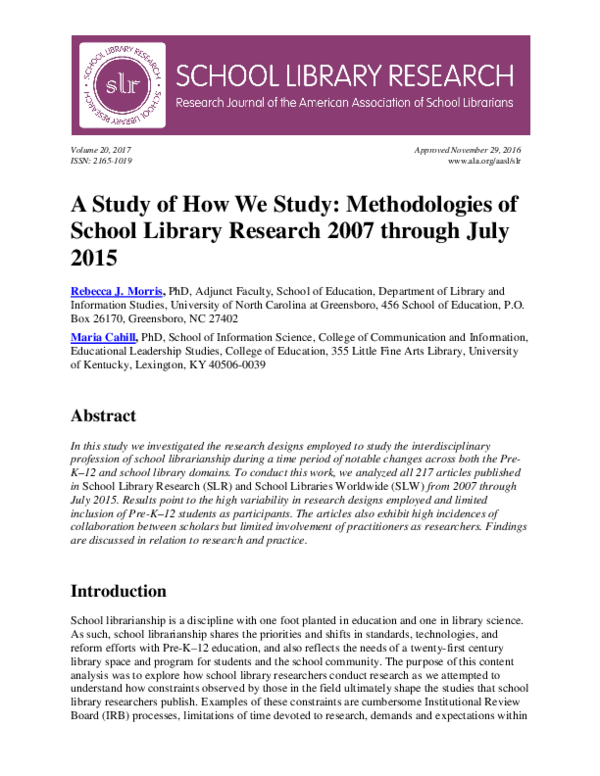 (PDF) A Study of How We Study: Methodologies of School Library Research ...