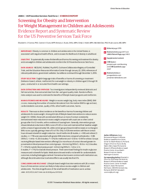 (PDF) Screening for Obesity and Intervention for Weight Management in ...