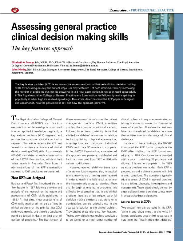 (PDF) Assessing general practice clinical decision making skills - The ...
