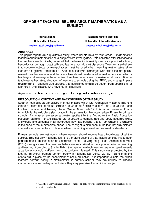 (PDF) Grade 6 teachers’ beliefs about mathematics as a subject