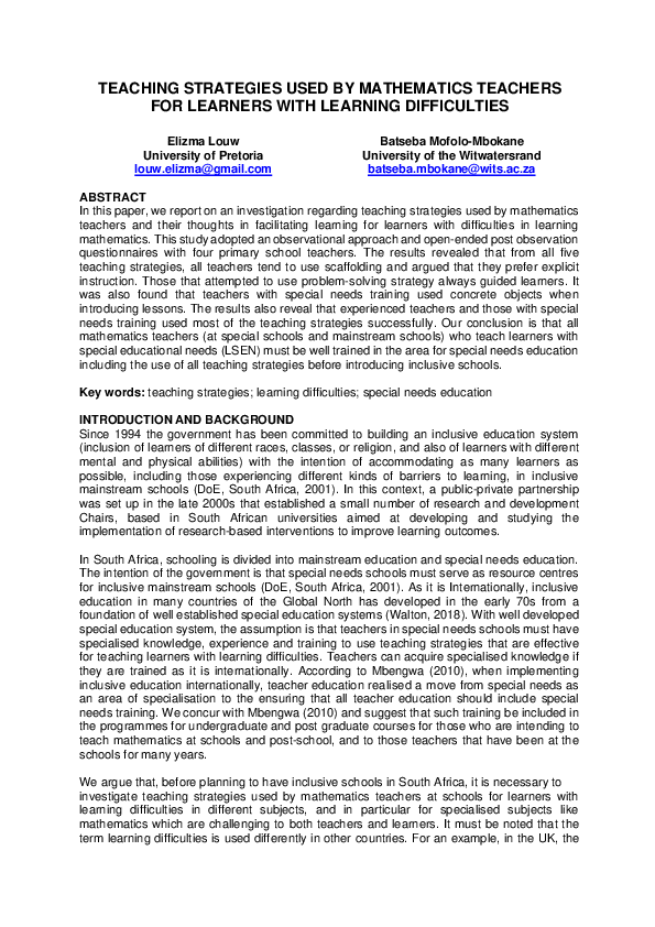 (PDF) Teaching strategies used by mathematics teachers for learners ...