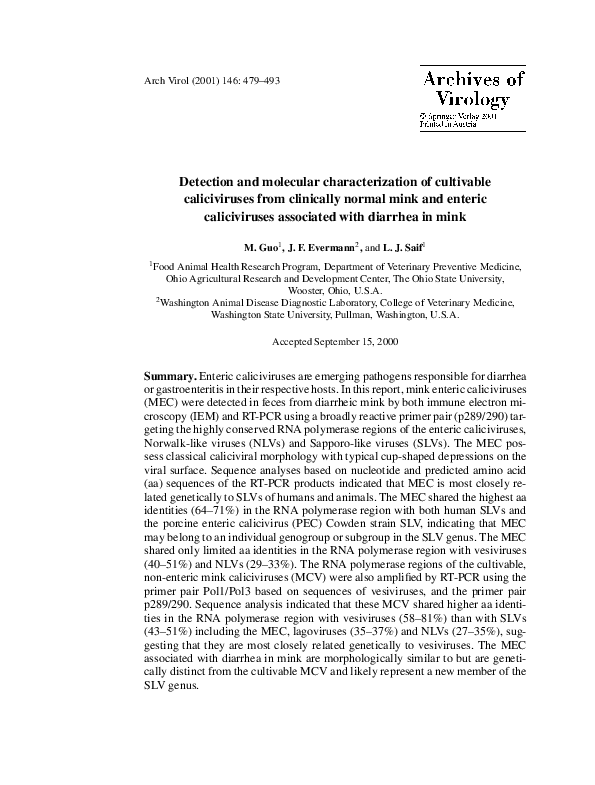 Pdf Detection And Molecular Characterization Of Cultivable Caliciviruses From Clinically