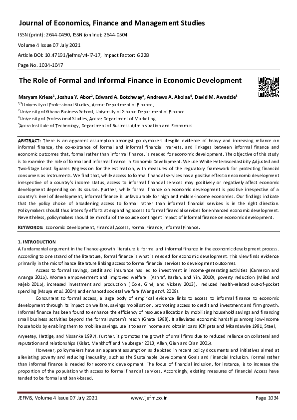 (PDF) The Role of Formal and Informal Finance in Economic Development