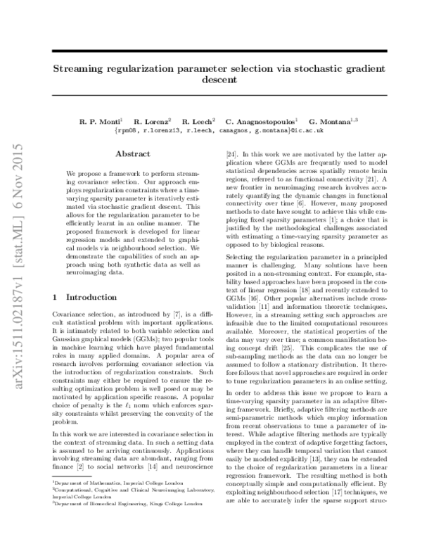 Pdf Streaming Regularization Parameter Selection Via Stochastic