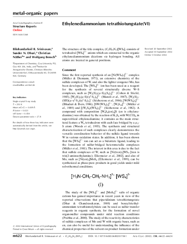 (PDF) Ethylenediammonium tetrathiotungstate(VI)