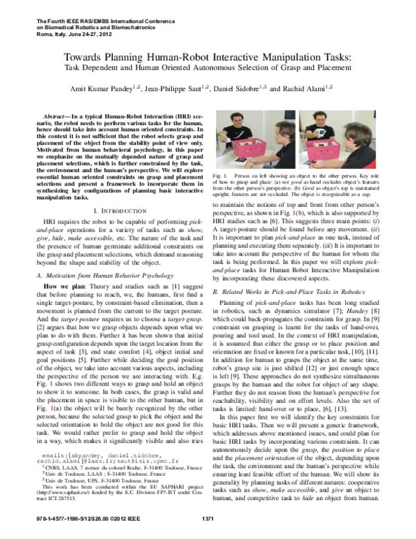 (PDF) Towards planning Human-Robot Interactive manipulation tasks: Task ...