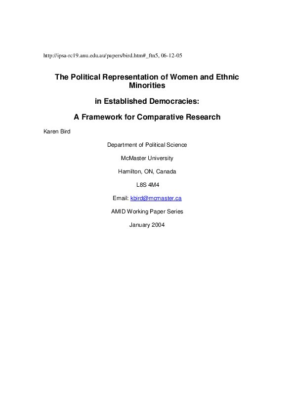 (PDF) The Political Representation of Women and Ethnic Minorities in Established Democracies: A ...