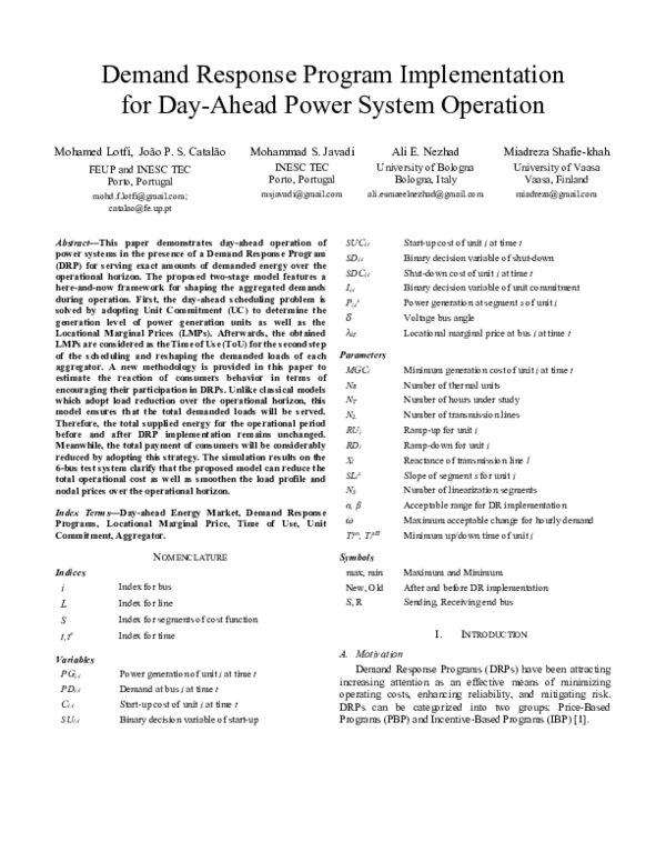 (PDF) Demand Response Program Implementation for Day-Ahead Power System Operation