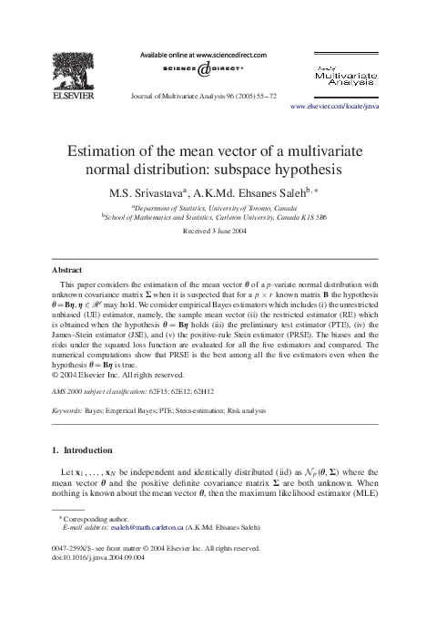 Pdf Estimation Of The Mean Vector Of A Multivariate Normal Distribution Subspace Hypothesis