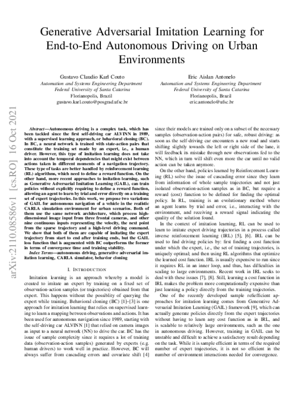 (PDF) Generative Adversarial Imitation Learning for End-to-End Autonomous Driving on Urban ...