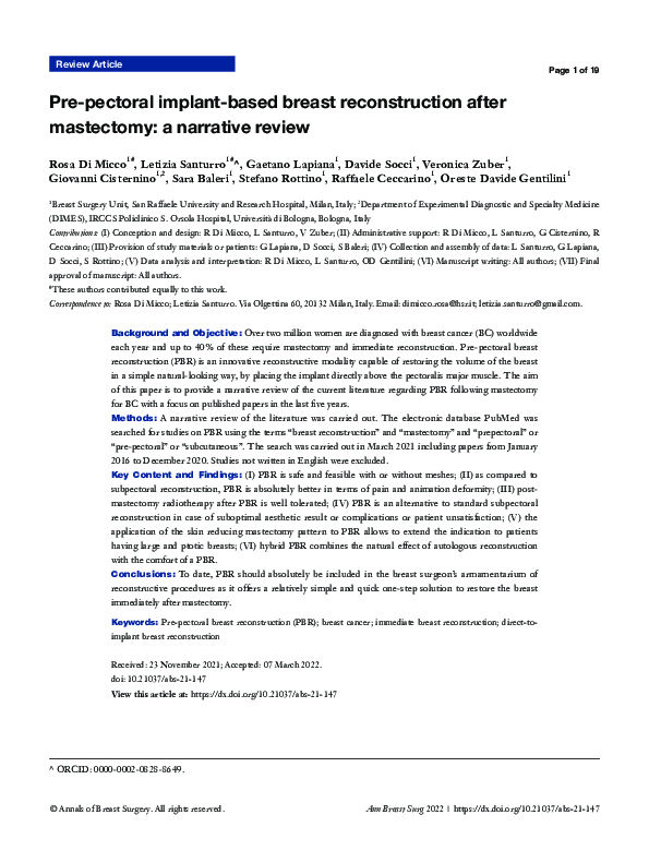 (PDF) Pre-pectoral implant-based breast reconstruction after mastectomy ...