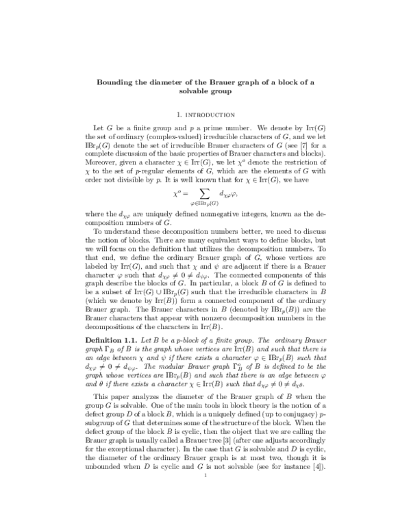 (PDF) Bounding the diameter of the Brauer graph of a block of a ...