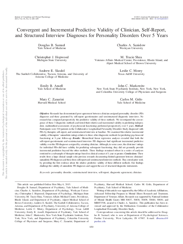 (PDF) Convergent and incremental predictive validity of clinician, self ...