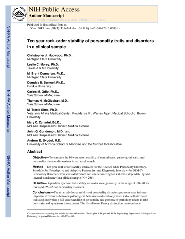 (PDF) Ten-Year Rank-Order Stability of Personality Traits and Disorders ...