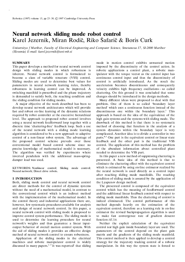 (PDF) Neural network sliding mode robot control