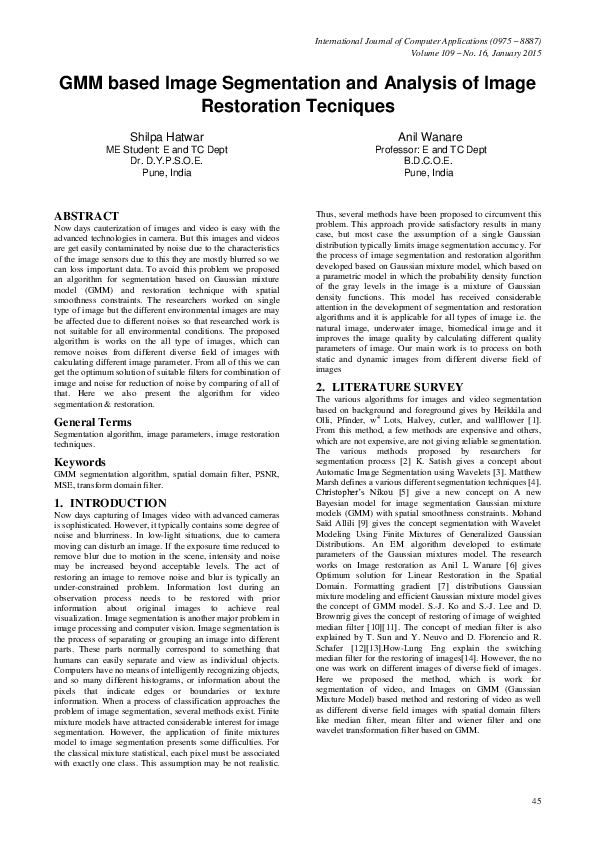 (PDF) GMM based Image Segmentation and Analysis of Image Restoration Tecniques