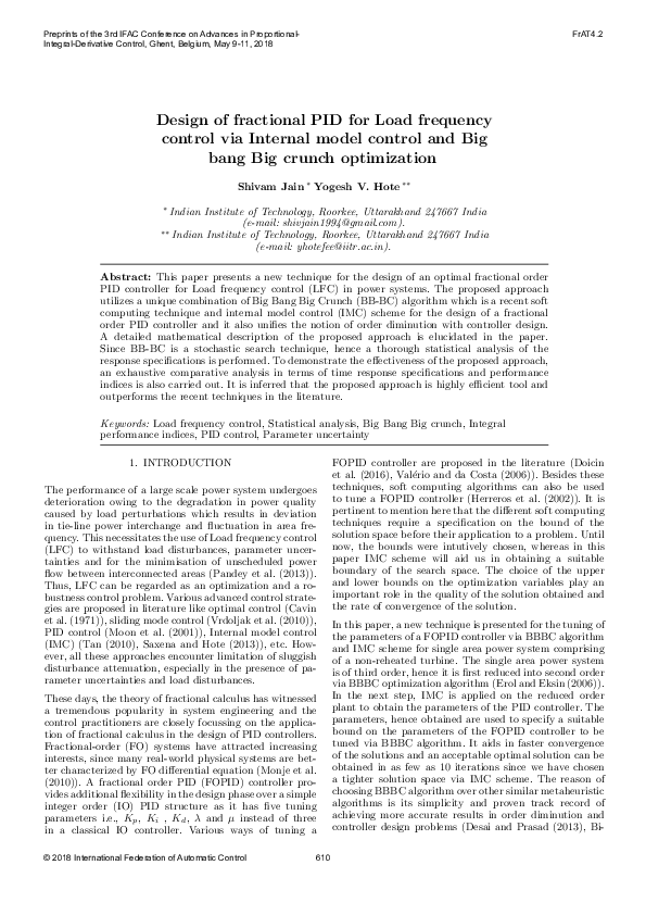 Pdf Design Of Fractional Pid For Load Frequency Control Via Internal