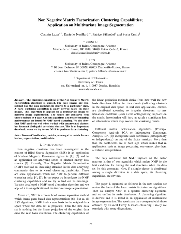 Pdf Non Negative Matrix Factorization Clustering Capabilities Application On Multivariate