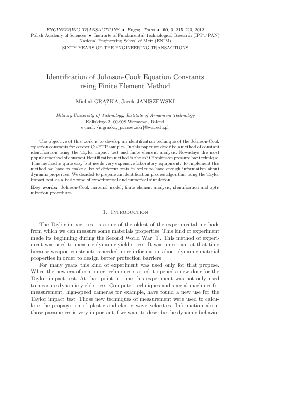 (PDF) Identification of Johnson-Cook Equation Constants using Finite ...
