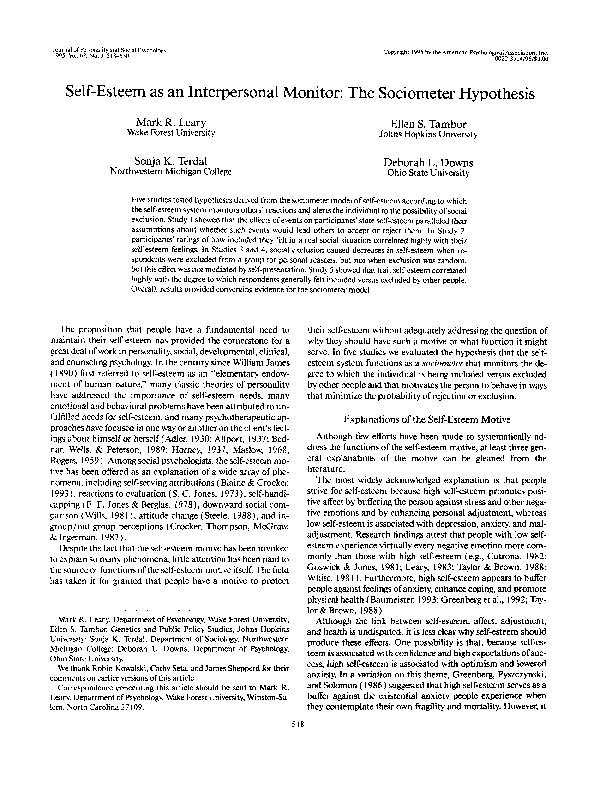 (PDF) Self-esteem as an interpersonal monitor: The sociometer hypothesis