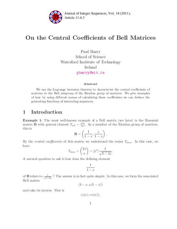 (PDF) On the Central Coefficients of Bell Matrices