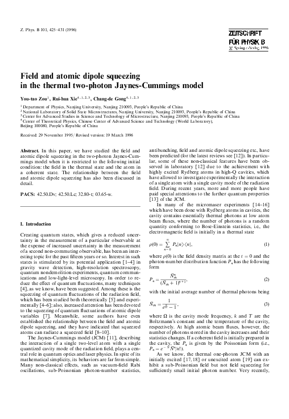 (PDF) Field and atomic dipole squeezing in the thermal two-photon Jaynes-Cummings model