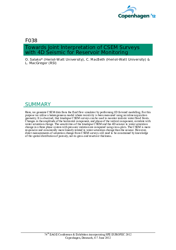 (PDF) F038 Towards Joint Interpretation of CSEM Surveys with 4D Seismic for Reservoir Monitoring