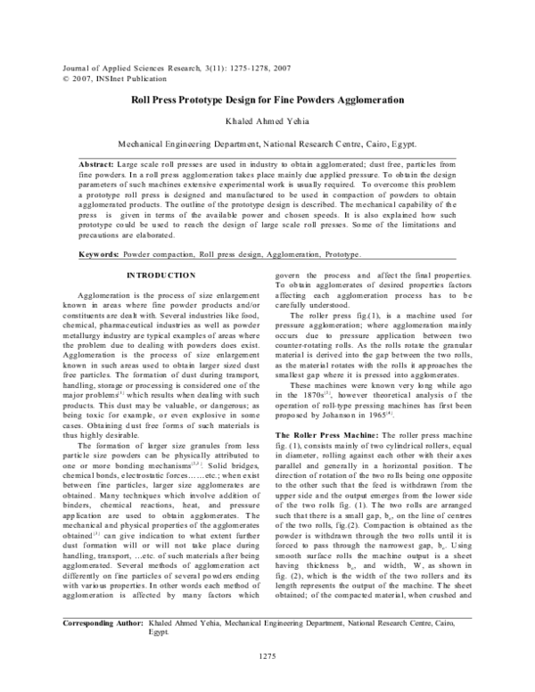 (PDF) Roll Press Prototype Design for Fine Powders Agglomeration