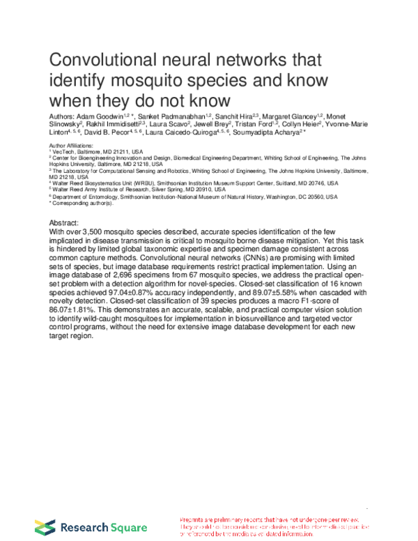 (PDF) Convolutional Neural Networks That Identify Mosquito Species and Know When They Do Not Know