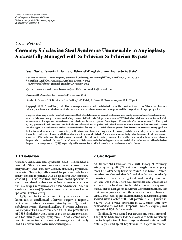 (PDF) Coronary Subclavian Steal Syndrome Unamenable to Angioplasty ...