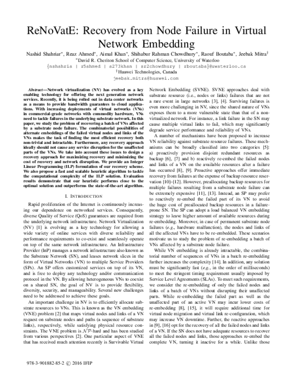 (PDF) ReNoVatE: Recovery from node failure in virtual network embedding