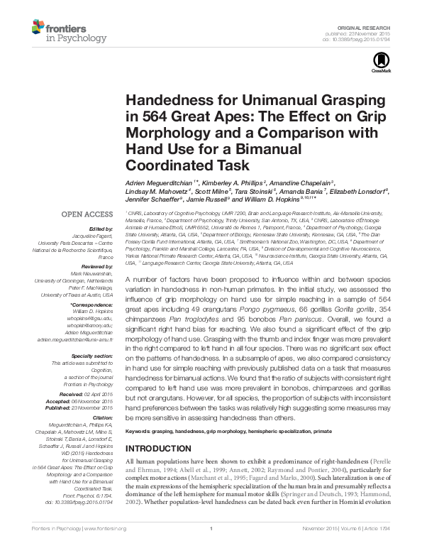 (PDF) Handedness for Unimanual Grasping in 564 Great Apes: The Effect ...