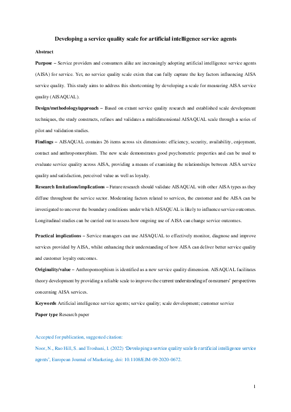 (PDF) Developing a Service Quality Scale for Artificial Intelligence ...