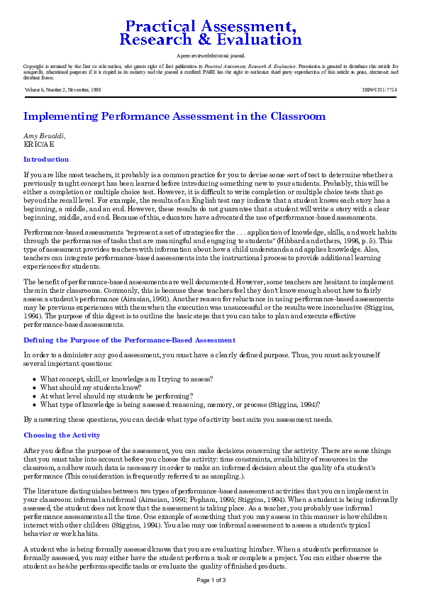 (PDF) Implementing Performance Assessment in the Classroom