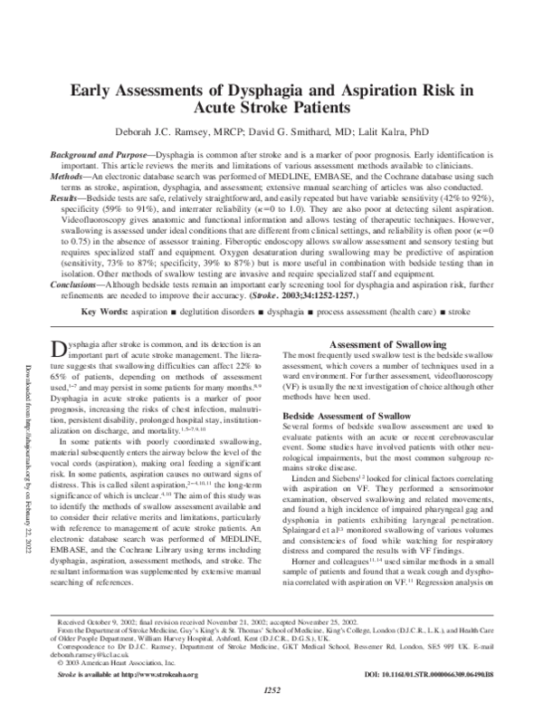 (PDF) Early Assessments of Dysphagia and Aspiration Risk in Acute ...