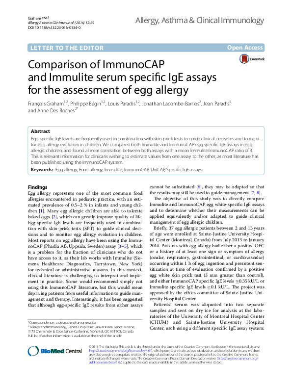 (PDF) Comparison of ImmunoCAP and Immulite serum specific IgE assays ...